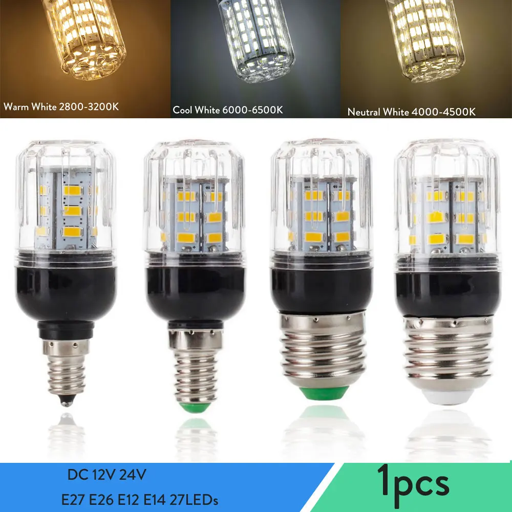 DC 12V 24V E27 E26 E12 E14 LED 옥수수 전구, 매우 밝은 테이블 책상 램프, 가정용 스포트라이트 실내 조명, 9W 27LED