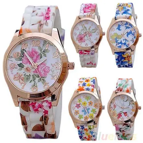Vintage-Women-Watch-Flower-Print-Silicon-Band-Clock-Numerals-Alloy-Dial ...