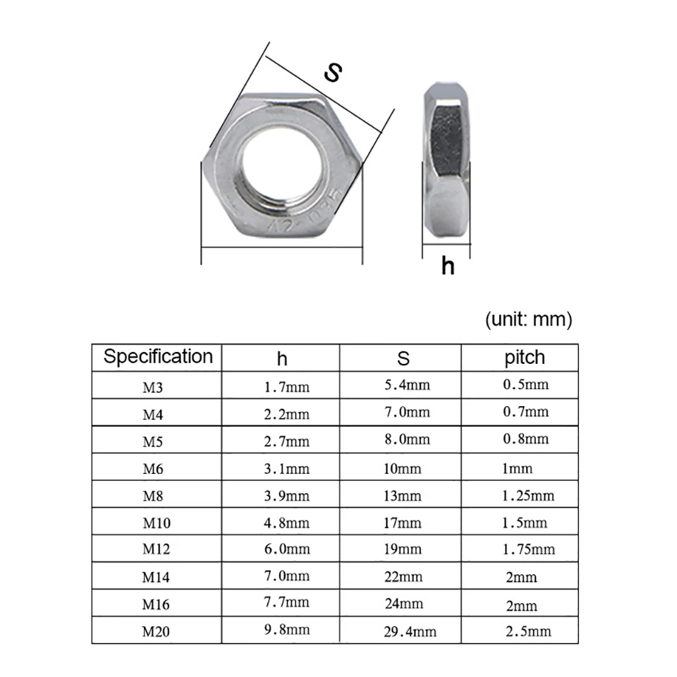 ECROU,M2.5 50PCS--Écrous hexagonaux fins en acier inoxydable 304, m2 m2.5 M3 M4 M5 M6 M8 M10 M12 ...
