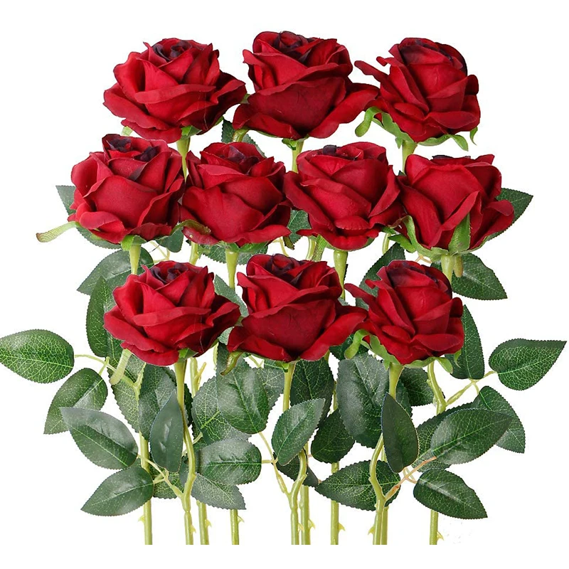 10pcs/lot Red Artificial Rose Flower Fake Silk Realistic Roses With ...