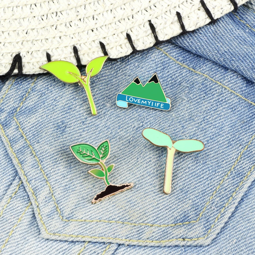 Green-Cartoon-Plant-Seedling-Leaf-Enamel-Pin-Metal-Leaves-Plants ...