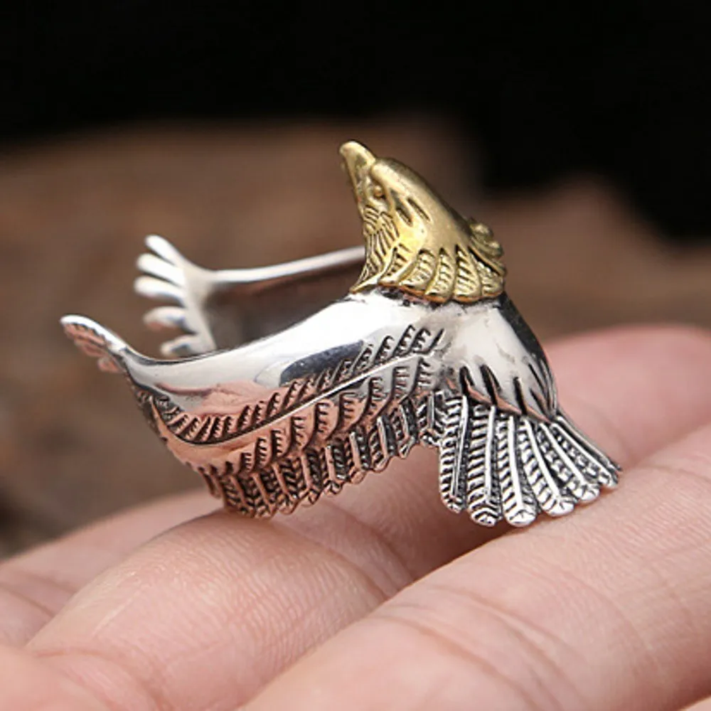 New S925 pure silver jewelry Thai silver domineering golden eagle head personalized flying eagle ...