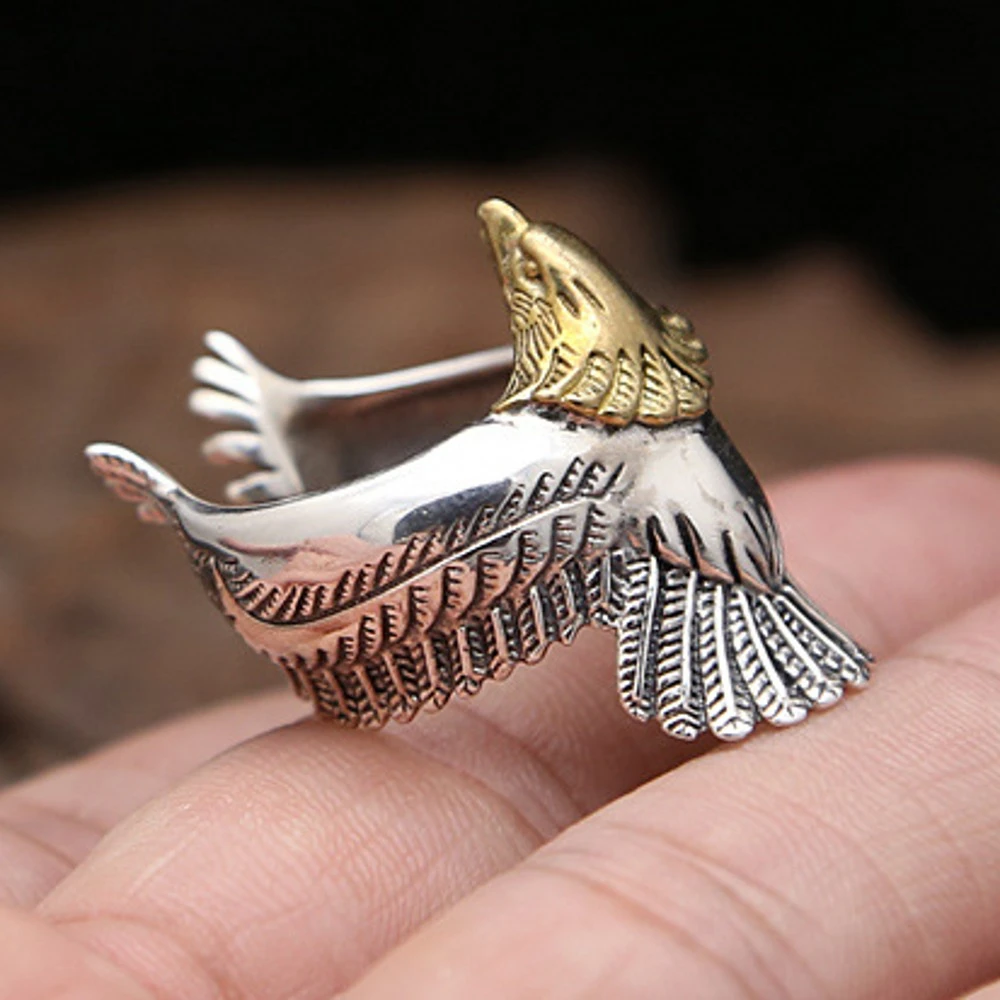 New S925 pure silver jewelry Thai silver domineering golden eagle head personalized flying eagle ...