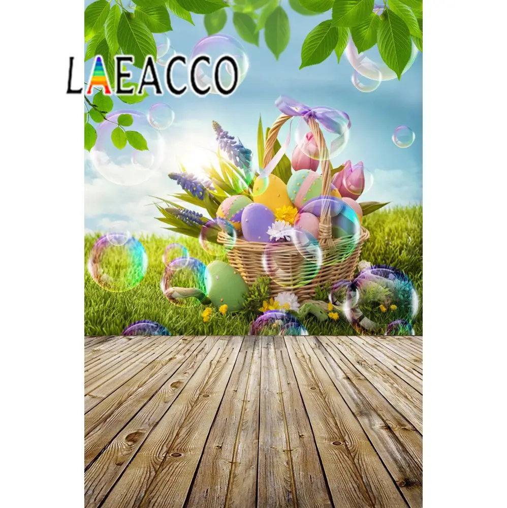 Laeacco Green Spring Grass Easter Eggs Polka Dot Floral Wooden Board ...