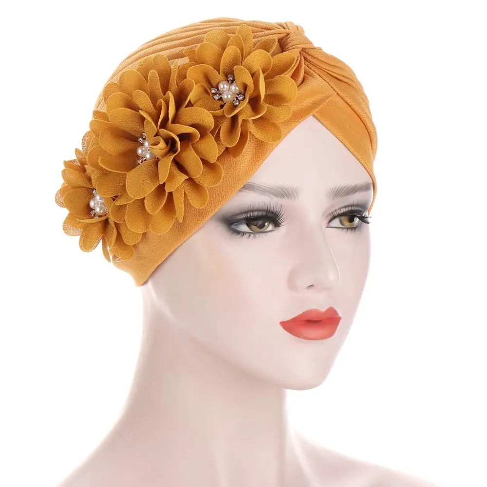 Women-Flowers-Ruffle-Turban-Caps-Muslim-Elastic-Pearls-Headscarf-Bonnet ...