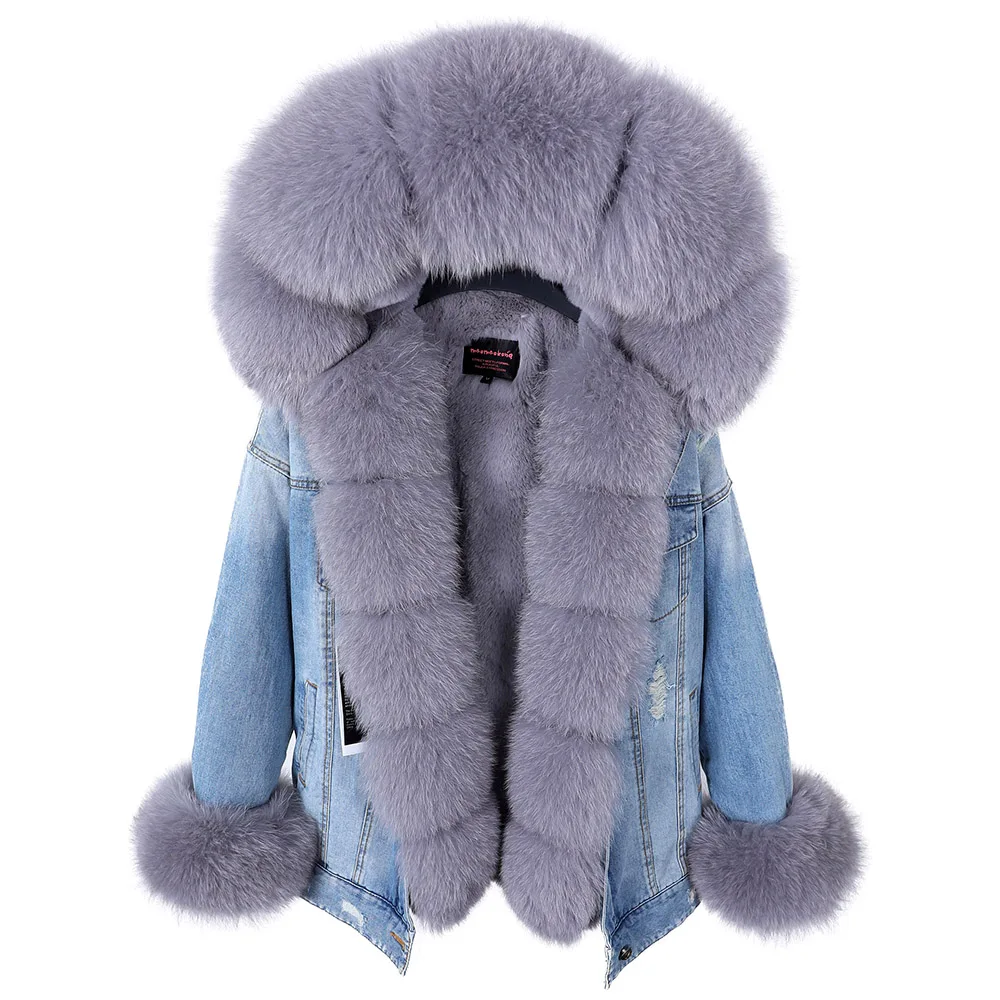 Natural Real Fox Fur Jacket Coats Women Parka | Womens Denim Parka ...