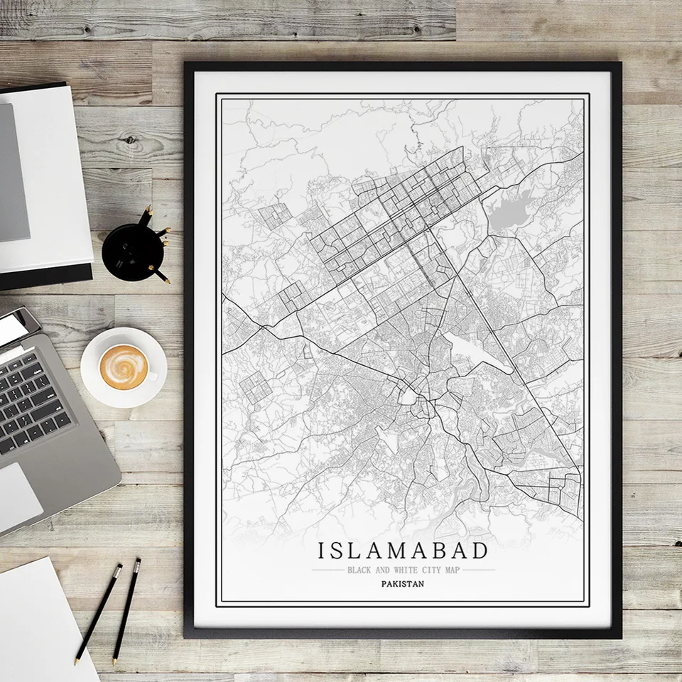 Pakistan Black and White City Map Poster Nordic Living Room Islamabad ...