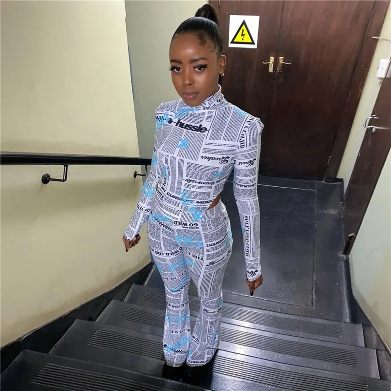 Spring-New-Full-Sleeve-Newspaper-Print-Two-2-Piece-Set-Tracksuit-Sexy ...
