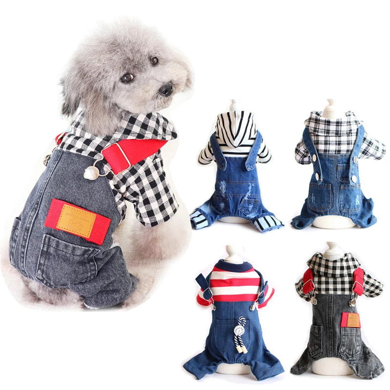 Spring Pet Denim Jumpsuit Hoodie Plaid Dog Overalls for Small Medium ...