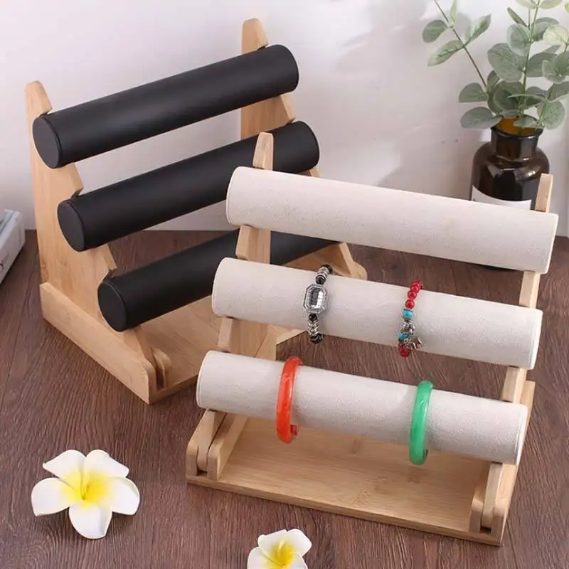 Bracelet Holder with Three Tier Rack Storage Velvet Wood Bracelet Stand ...