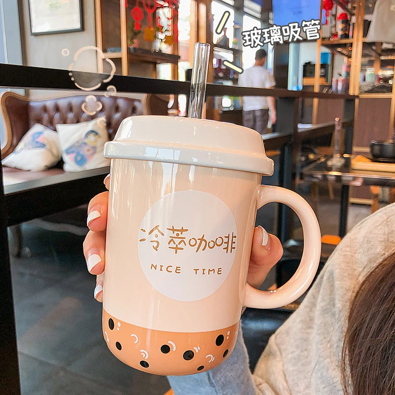 Kawaii Boba Mug Creative Cartoon Ceramic Straw Cup With Lid Cute ...