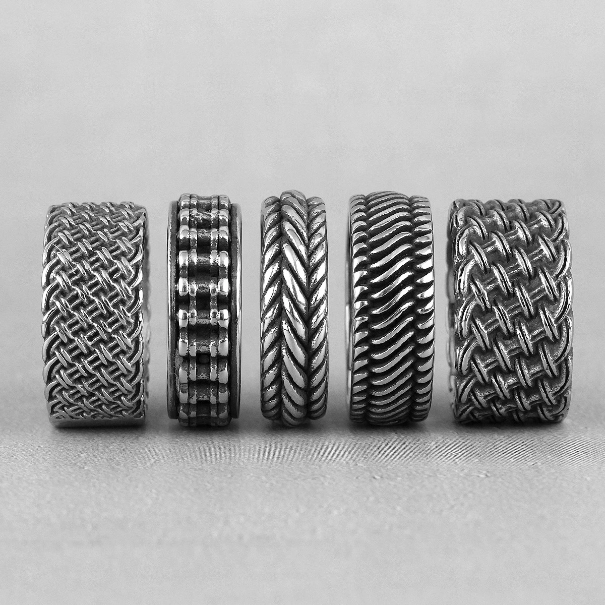 Grid Weave Stainless Steel Mens Rings Retro Industrial Style Simple For ...