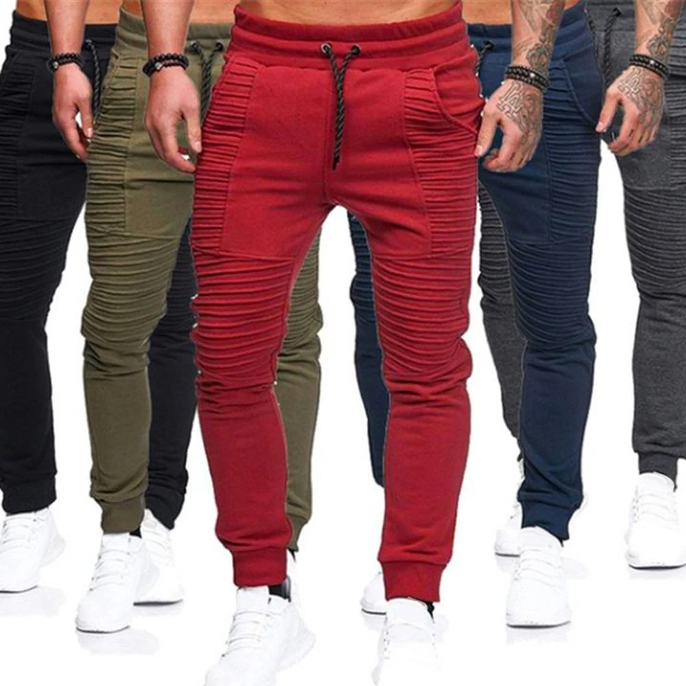 Fashion Men Solid Color Drawstring Elastic Waist Sport Pleated Pants ...