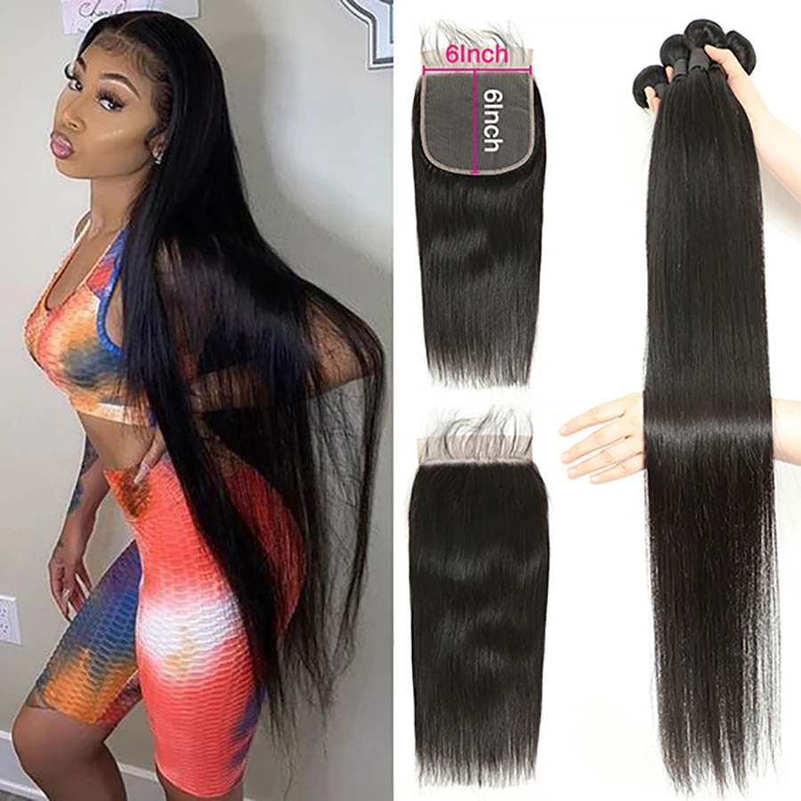 Queenlife Straight Bundles With 6x6 Lace Closure 100% Human Hair Bundles Brazilian Hair Weave 3/ ...