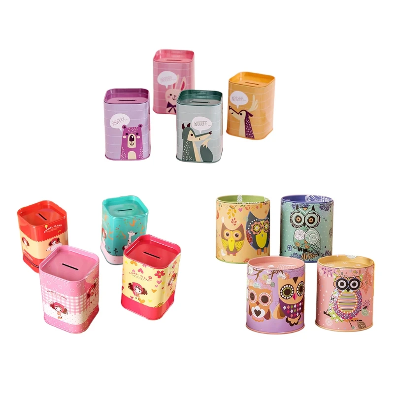 QX2E Retro Tinplate Piggy Bank Square Cartoon Money Saving Box Cash ...