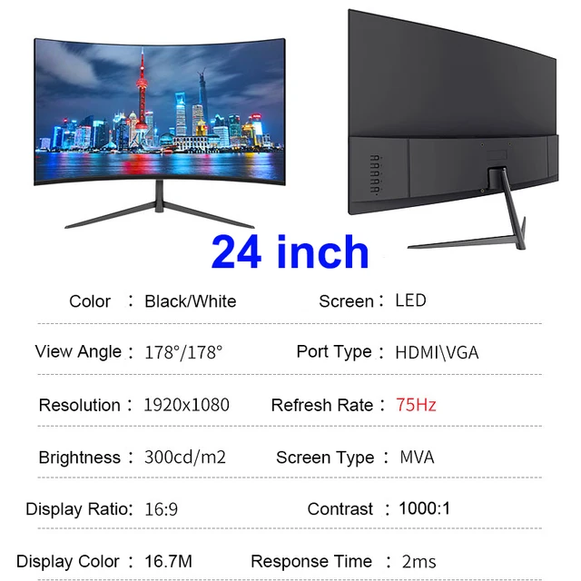 24/27 Inch Curved 75Hz Monitor Gaming MVA FHD 1080P Computer Display ...