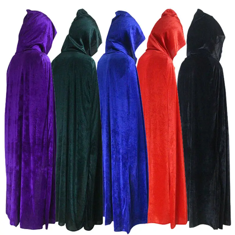 Women Men Unisex Solid Color Velvet Hooded Cape Cloak Halloween Fancy ...