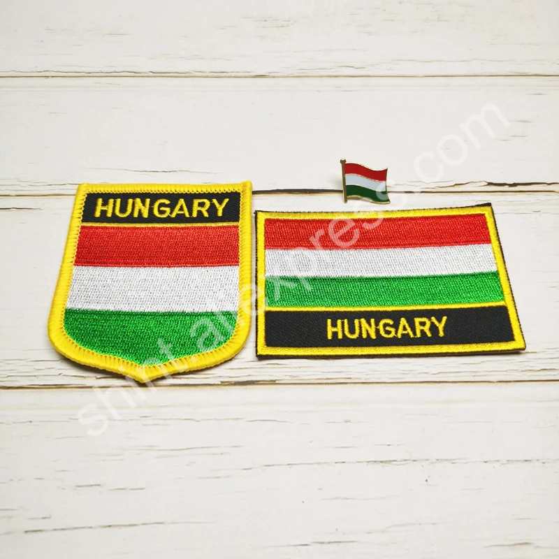 Hungary National Flag Embroidery Patches Badge Shield And Square Shape Pin One Set On The Cloth ...