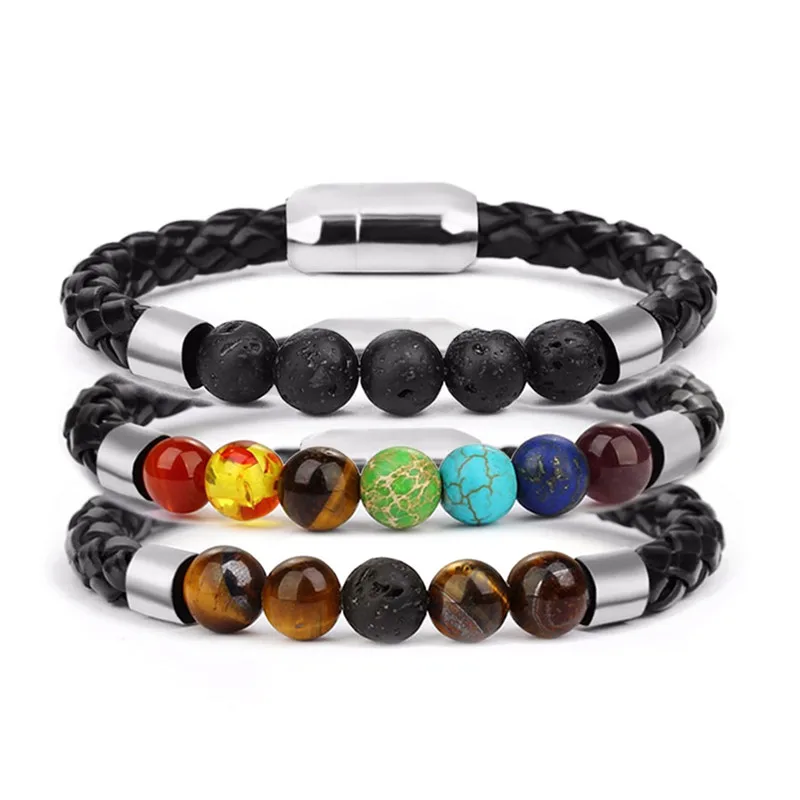 Male-Leather-Charm-Bracelet-Lava-Chakra-Stone-Beads-Stainless-Magnetic ...
