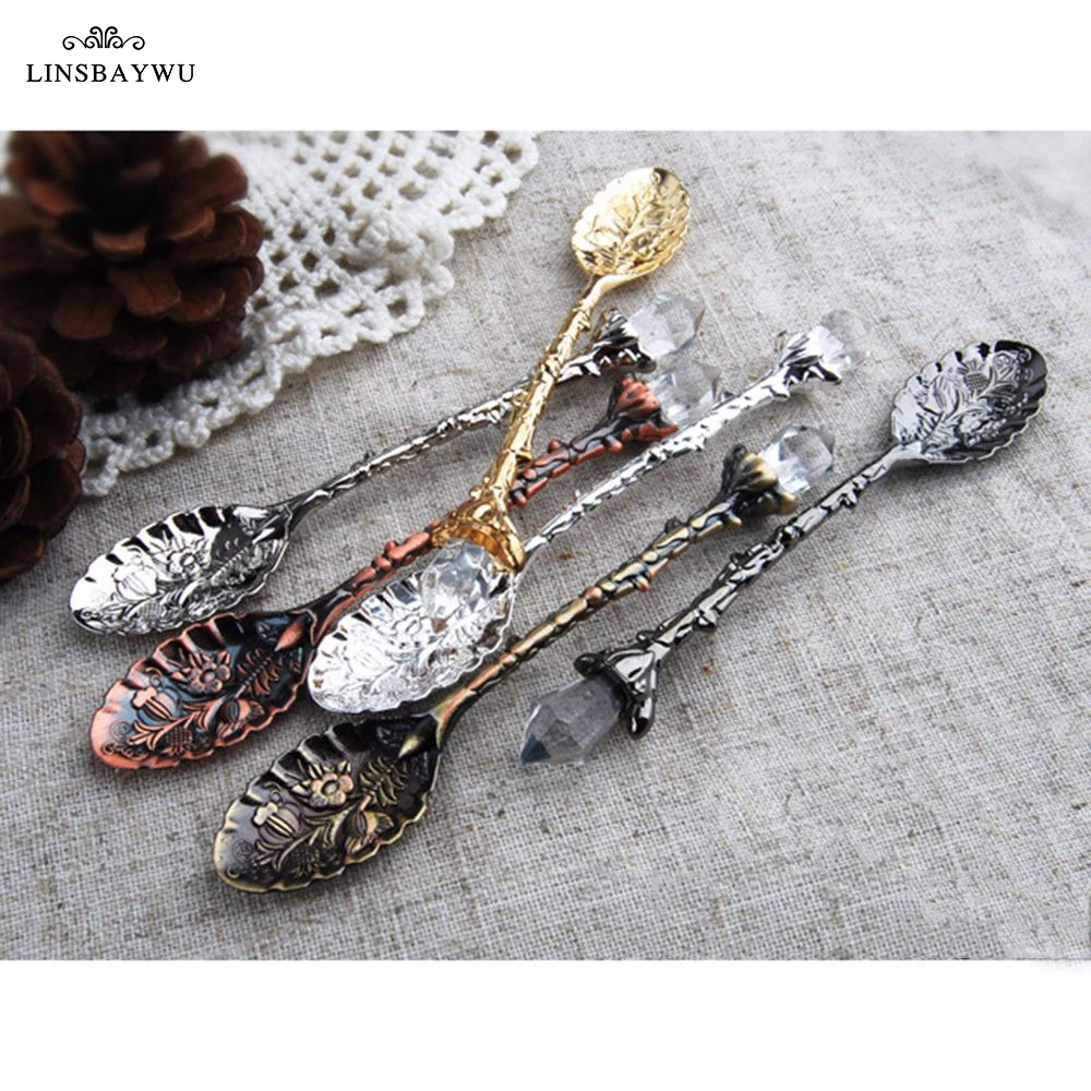 1pc Alloy Crystal Retro Coffee Tea Spoon Carved Flower Small Spoonful ...