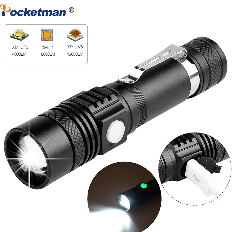 Super Bright Led flashlight USB linterna led torch T6/L2/V6 Power Tips ...