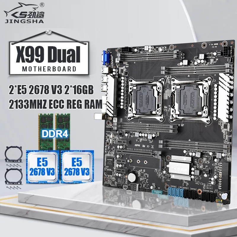 Jingsha Conjunto de placa base de doble CPU X99, con 2 * E5 2678V3 y 2*16GB = 32GB LGA 2011V3 V4 ...