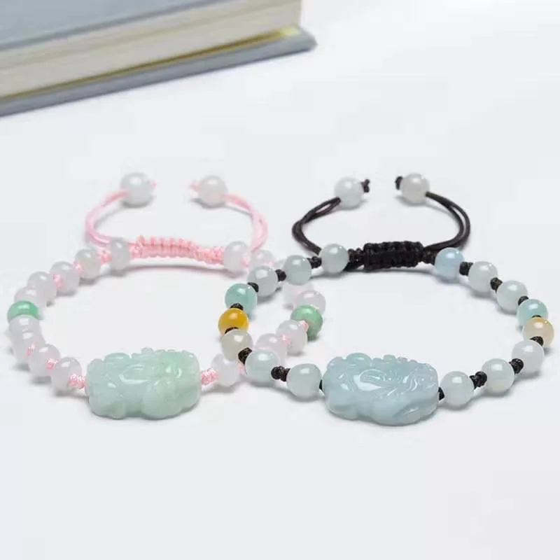 Customized Natural Emerald Pixiu Beads Knotted Bracelet Adjustable ...