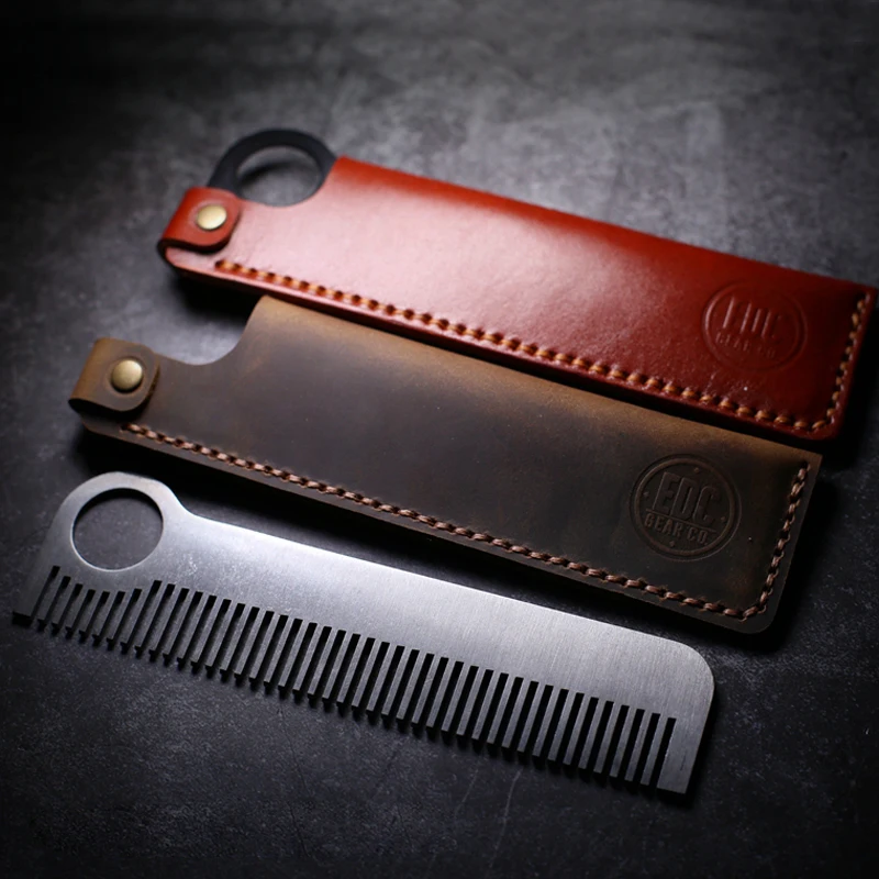 Stainless-Steel-Combs-Outdoor-Tool-Comb-With-Leather-Cover-EDC-Outdoor ...
