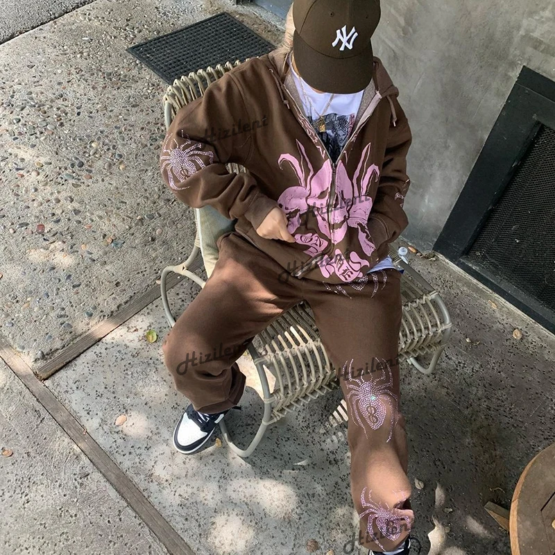 Women Sets Goth Grunge Spider Rhinestones Skull Print Women Jacket ...