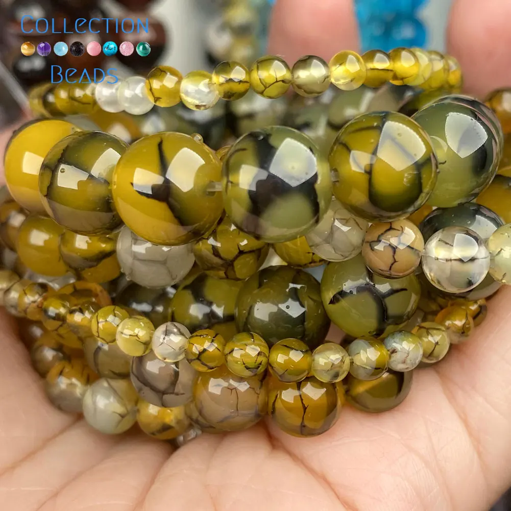 Natural Stone Yellow Dragon Veins Agates Beads Loose Spacer Round For ...