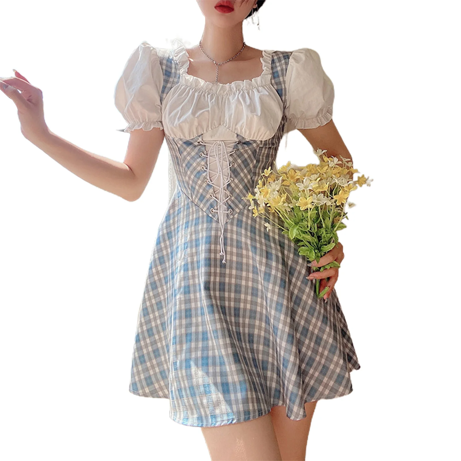 2021 Women Plaid Print Dress with Front Bandage Short Puff Sleeve High ...