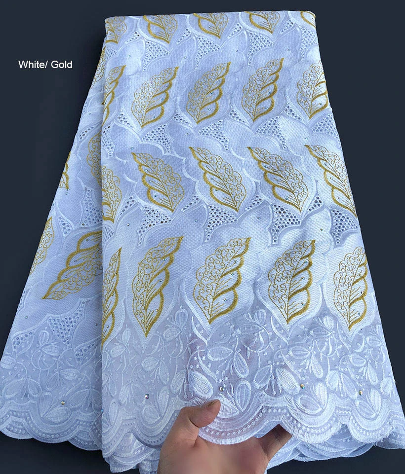 5 Yards White Gold Soft Thick Embroidery African Swiss Voile Lace With ...