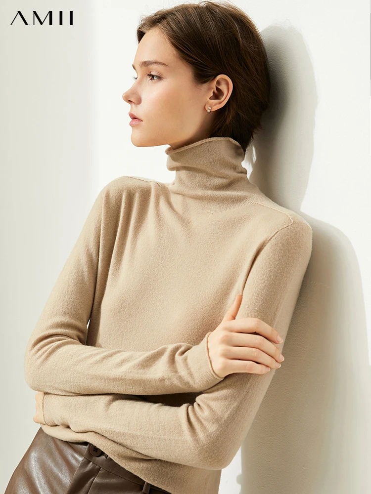 Amii Minimalism Autumn Sweater For Women Elegant Turtleneck Pullovers