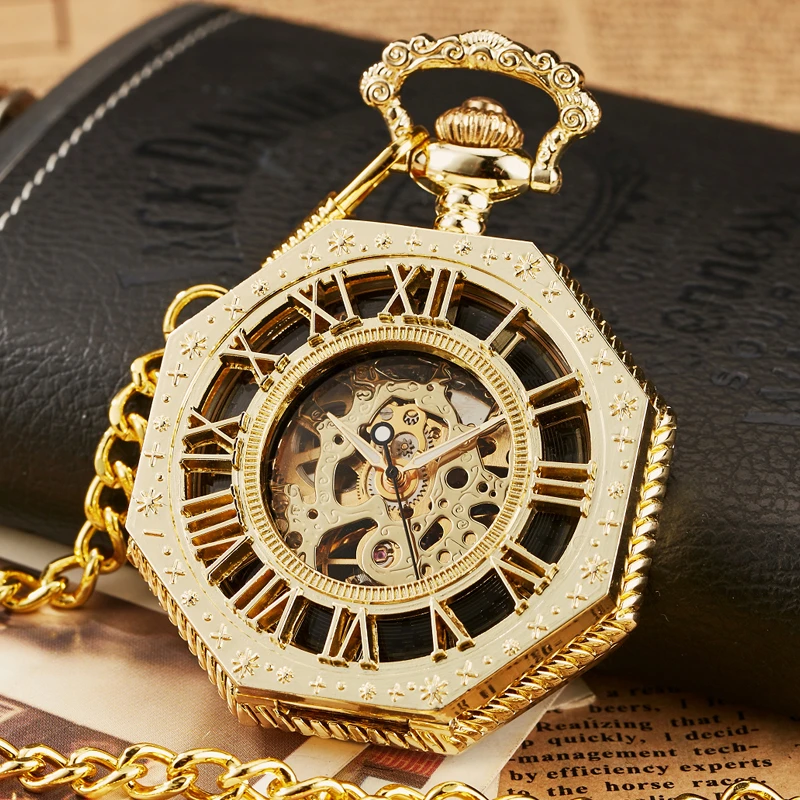 Hexagonal Mechanical Pocket Watch Golden Sliver Bronze Hollow Fob Chain ...