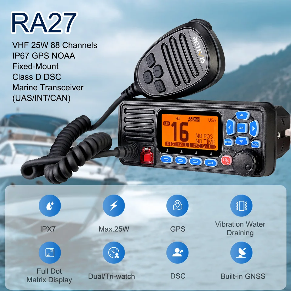 Retevis RA27 VHF Marine Radio Transceiver 25W IP67 Waterproof GPS NOAA ...
