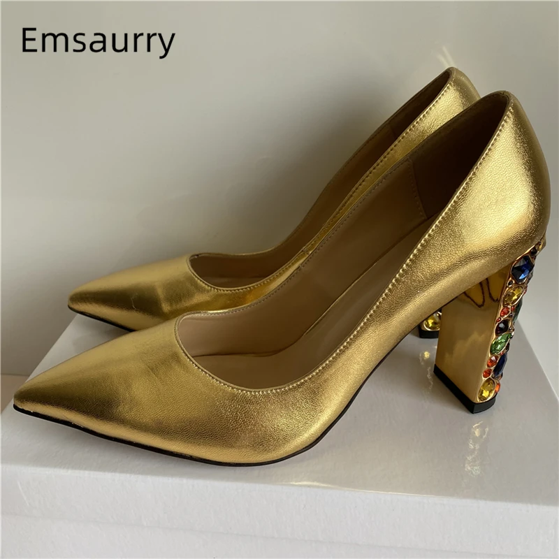 Colorful Rhinestone Chunky Heel Pumps Women Sexy Pointed Toe Gold ...