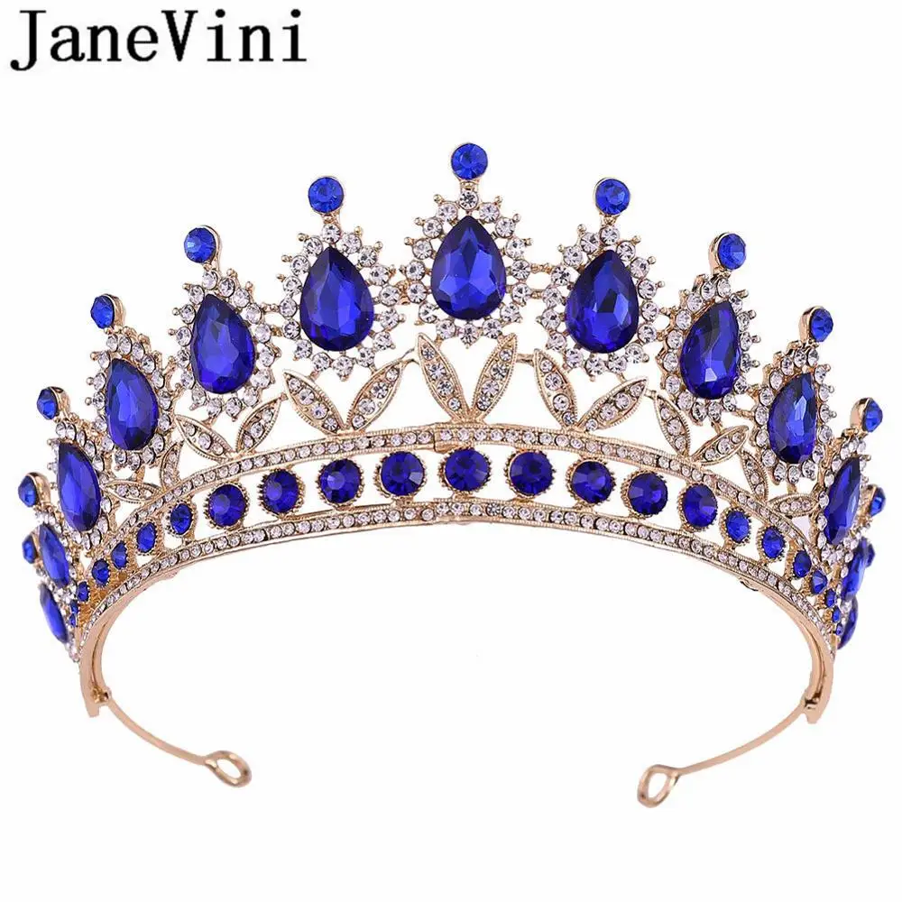 JaneVini Royal Blue Princess Crown Baroque Crystal Bridal Hair Jewelry ...