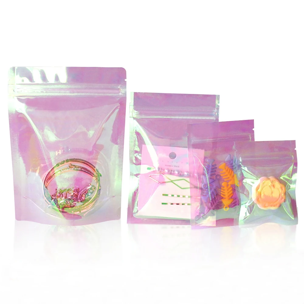 100pcs-Pink-Stand-Up-Holographic-Zipper-Packaging-Bag-Flat-Pouches-Small-Laser-Zip-Lock-Plastic ...