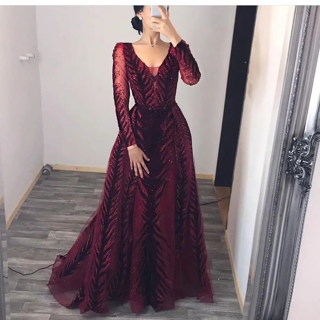 Burgundy Evening Dresses Long Sleeves Handmade Cyrstal Beaded Prom ...