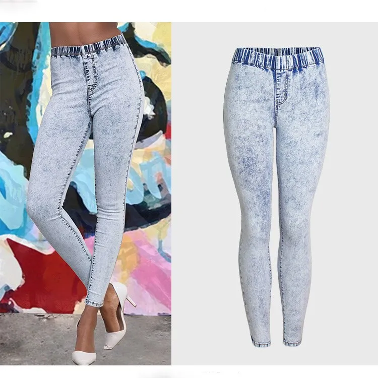 Plus Size Elastic Waist Snowflake Wash Denim Bodycon Jeans Casual ...