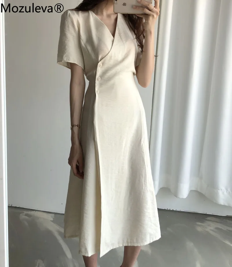 Mozuleva vestido informal holgado de algodón y lino para mujer, prenda larga con escote en V ...
