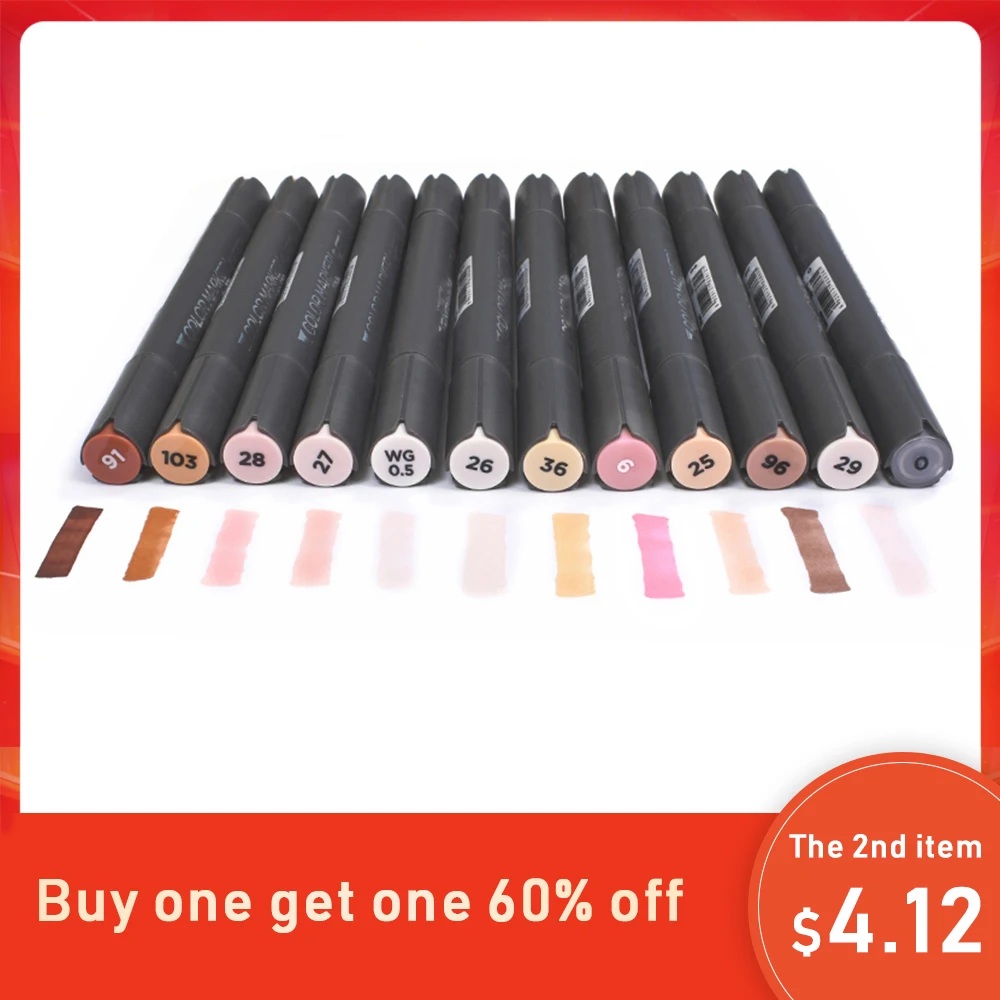 STA 12 Color Skin/Grey/Bronze Tones Marker Pen Set Dual Tips Alcohol ...