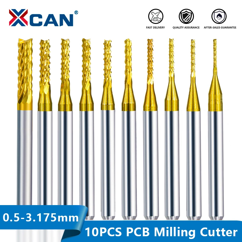 Xcan Pcb Milling Cutter 10pcs Tin Coated 0.5-3.175mm Cnc Milling Bit 3 ...