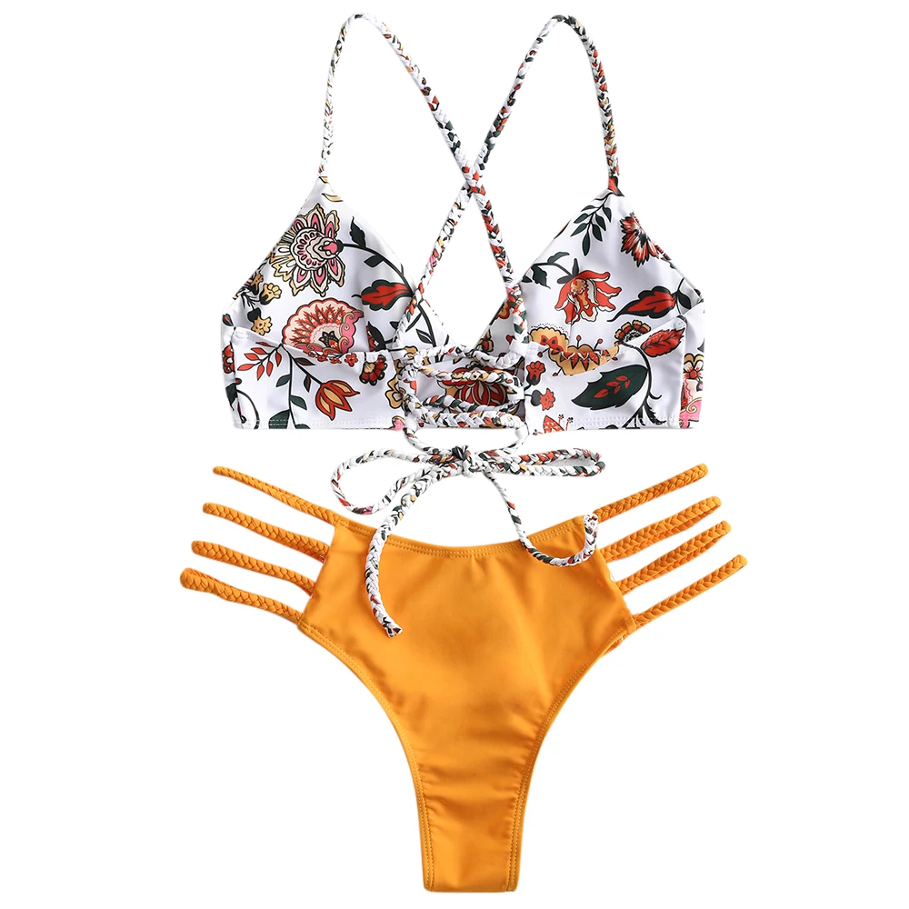 ZAFUL Bikini Flower Braided Lace Up Sexy Bikini Set Spaghetti Straps ...