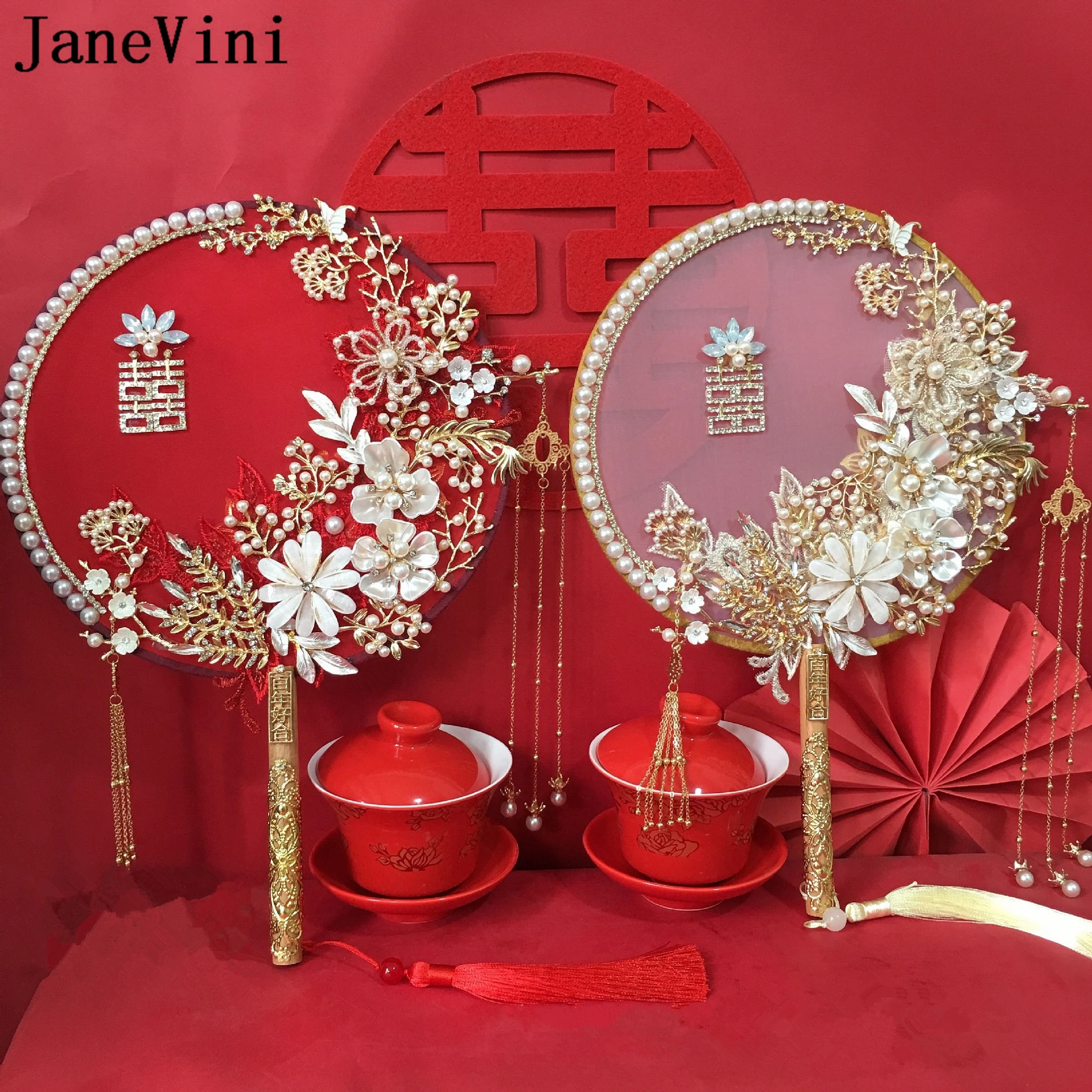 Janevini Luxury Gold Crystal Beaded Chinese Wedding Hand Bouquets Fan ...