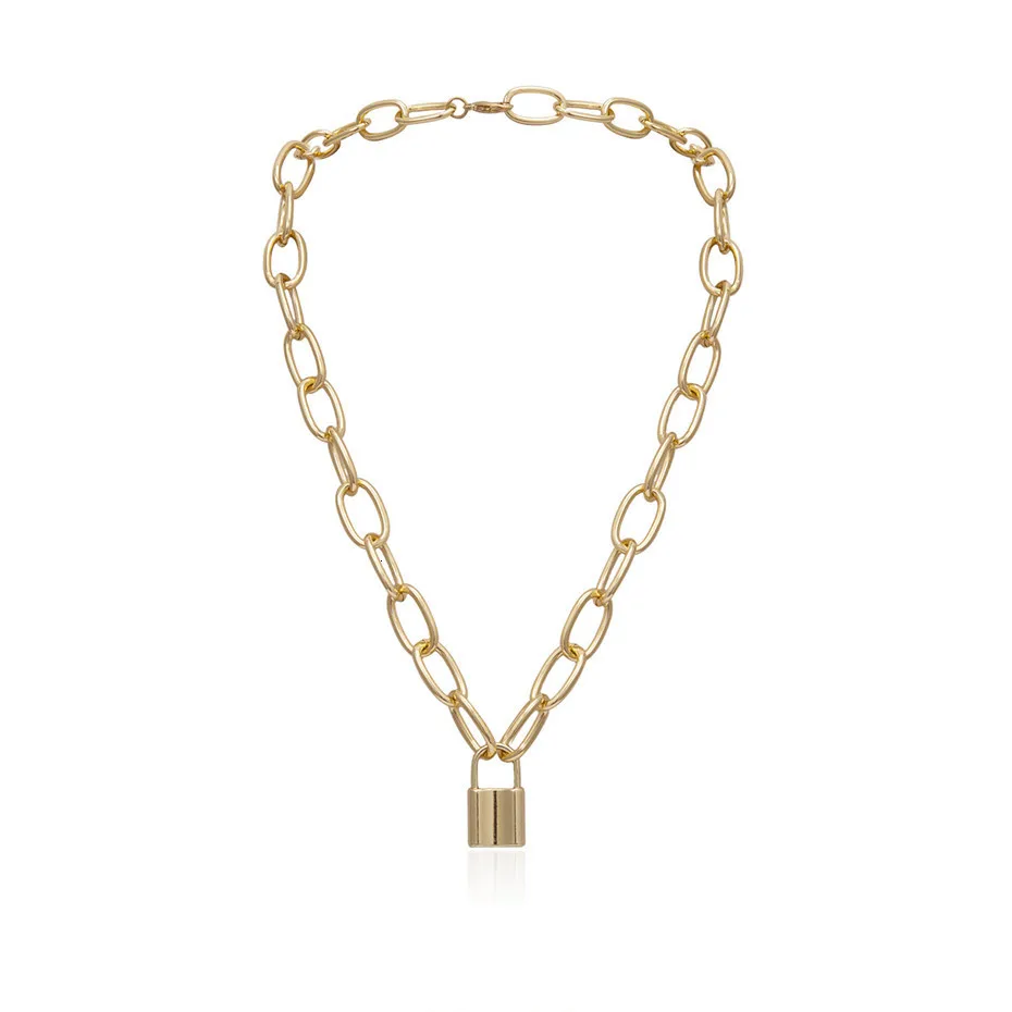 Gold Color Lock Pendant Curb Cub Thick Choker Necklace | Muduh Collection