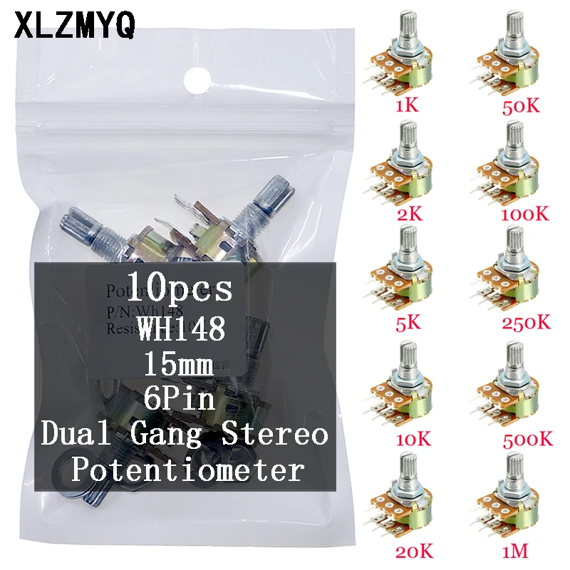 10pcs Wh148 Dual Gang Stereo 15mm 6pin Potentiometer 1k 2k 5k 10k 20k ...