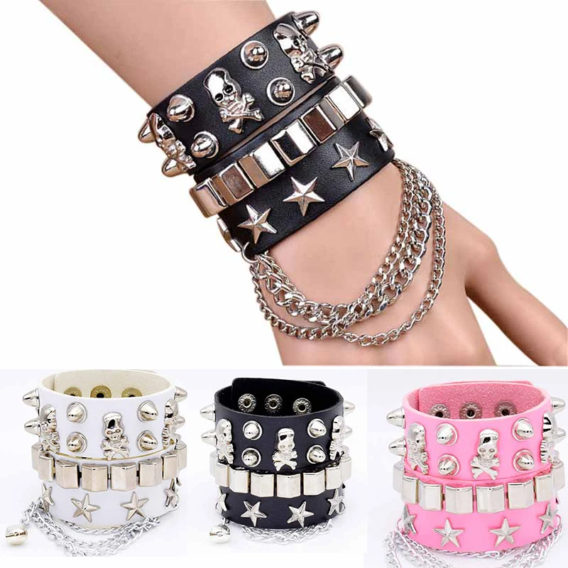 Black Leather Wristband Bracelet Cuff goth gothic bar punk bracelets ...