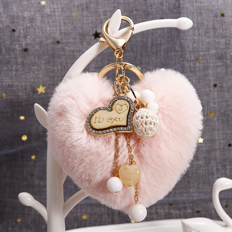 Cute Heart Pompom Keychain Charms Pearl Tassel Fluffy Flush Faux Rabbit ...