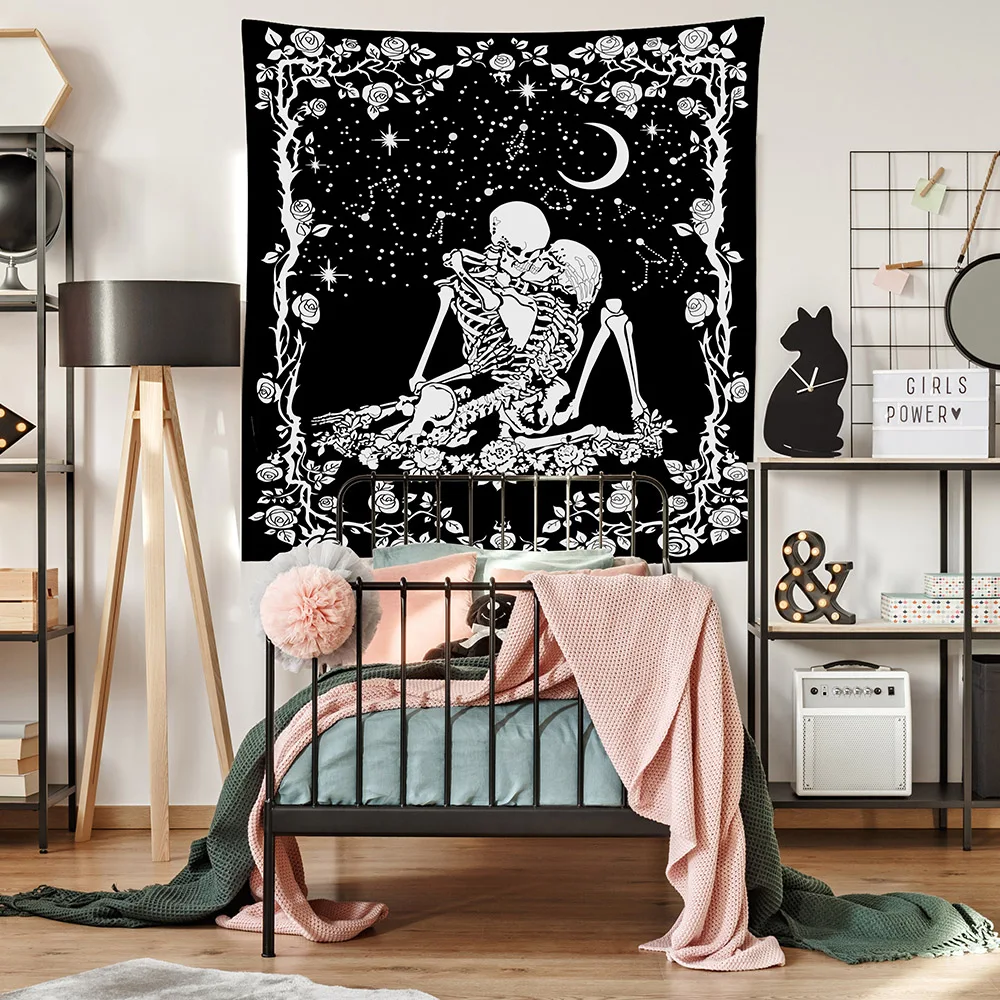Punk Style Tapestry Rose Couple Skull Pattern Tapestry Wall Hanging ...
